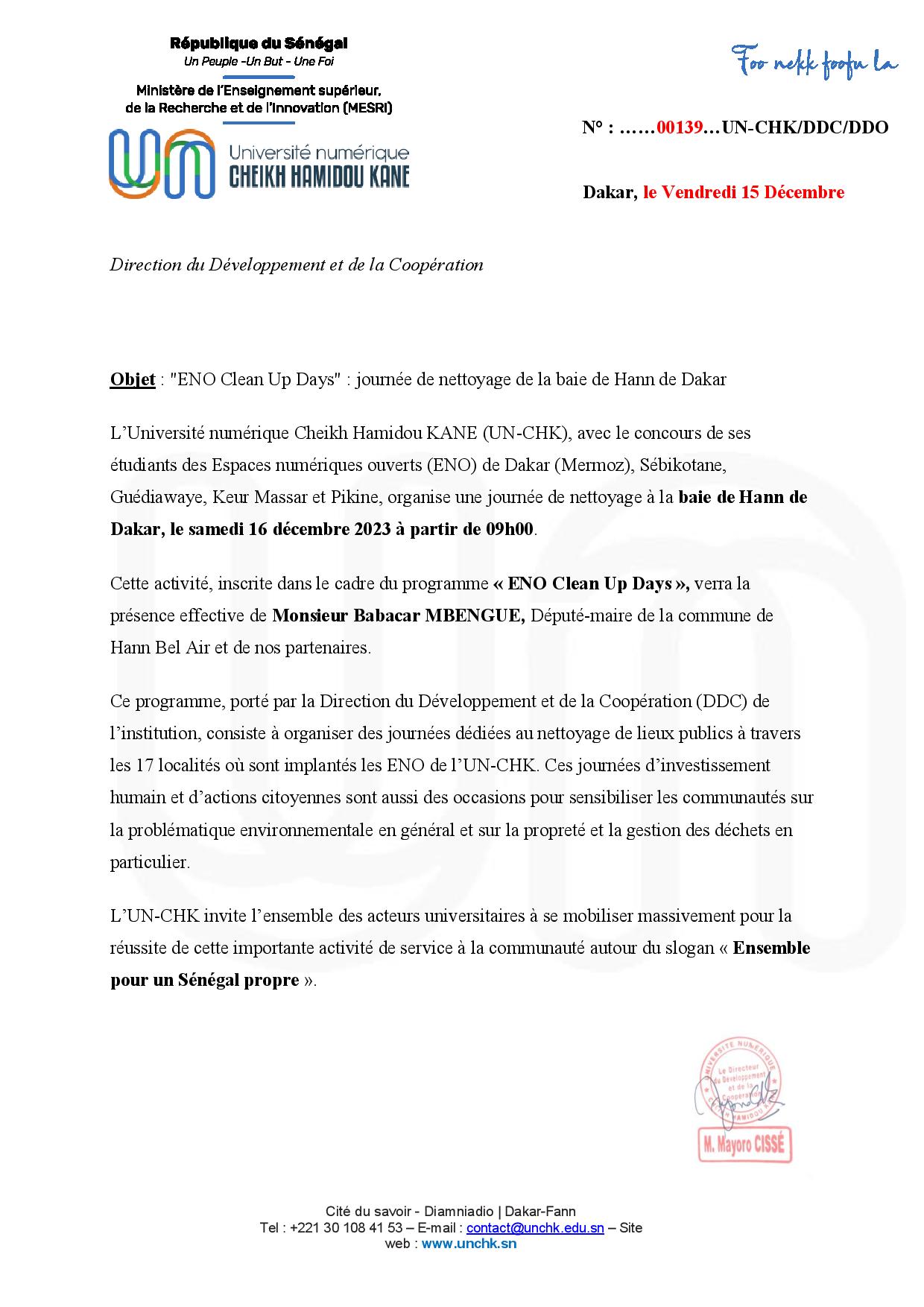 Communique ENO Clean Up DAYS Baie de Hann de Dakar - Université ...