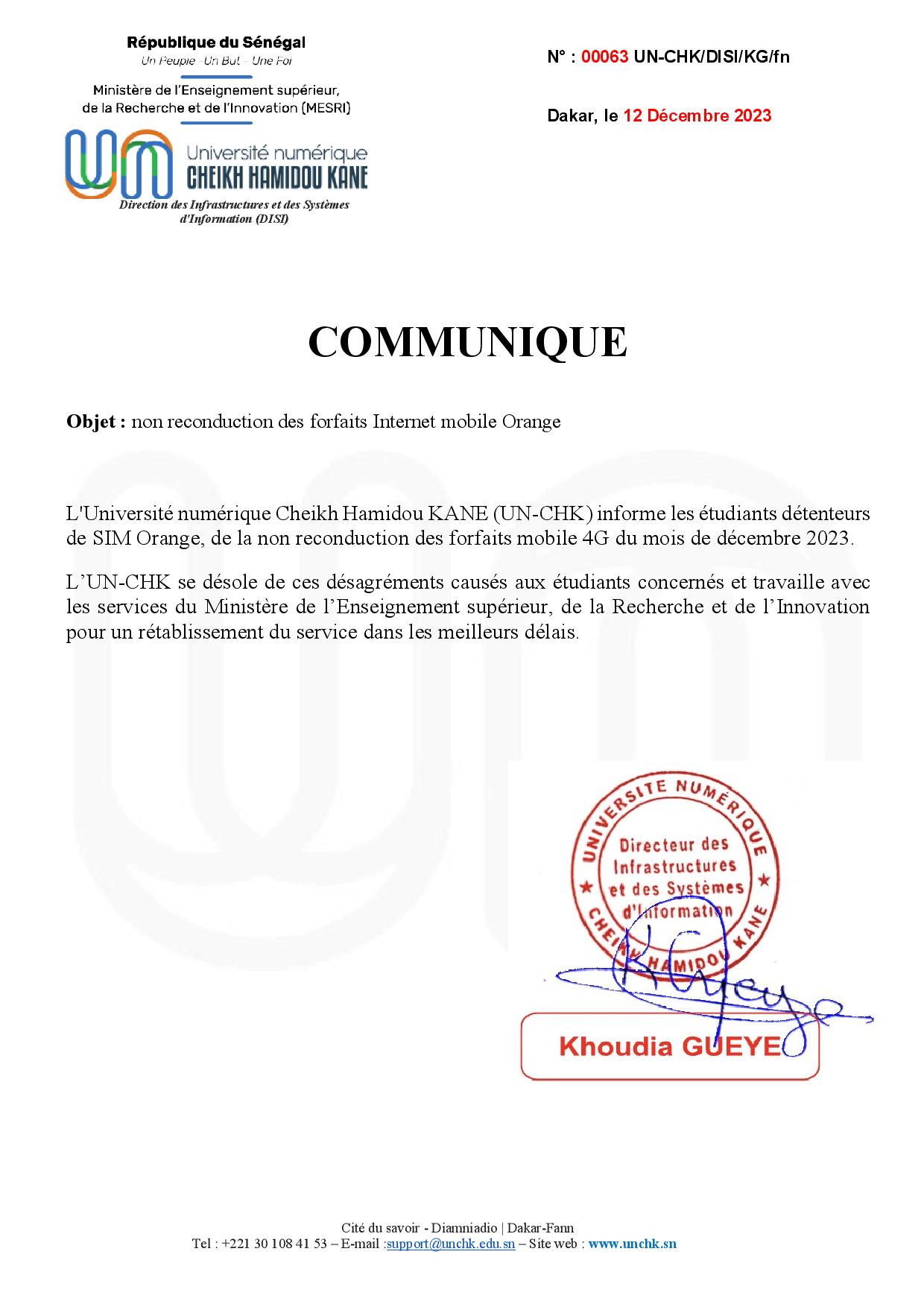 Communique pour la non reconduction des forfaits orange du mois de ...
